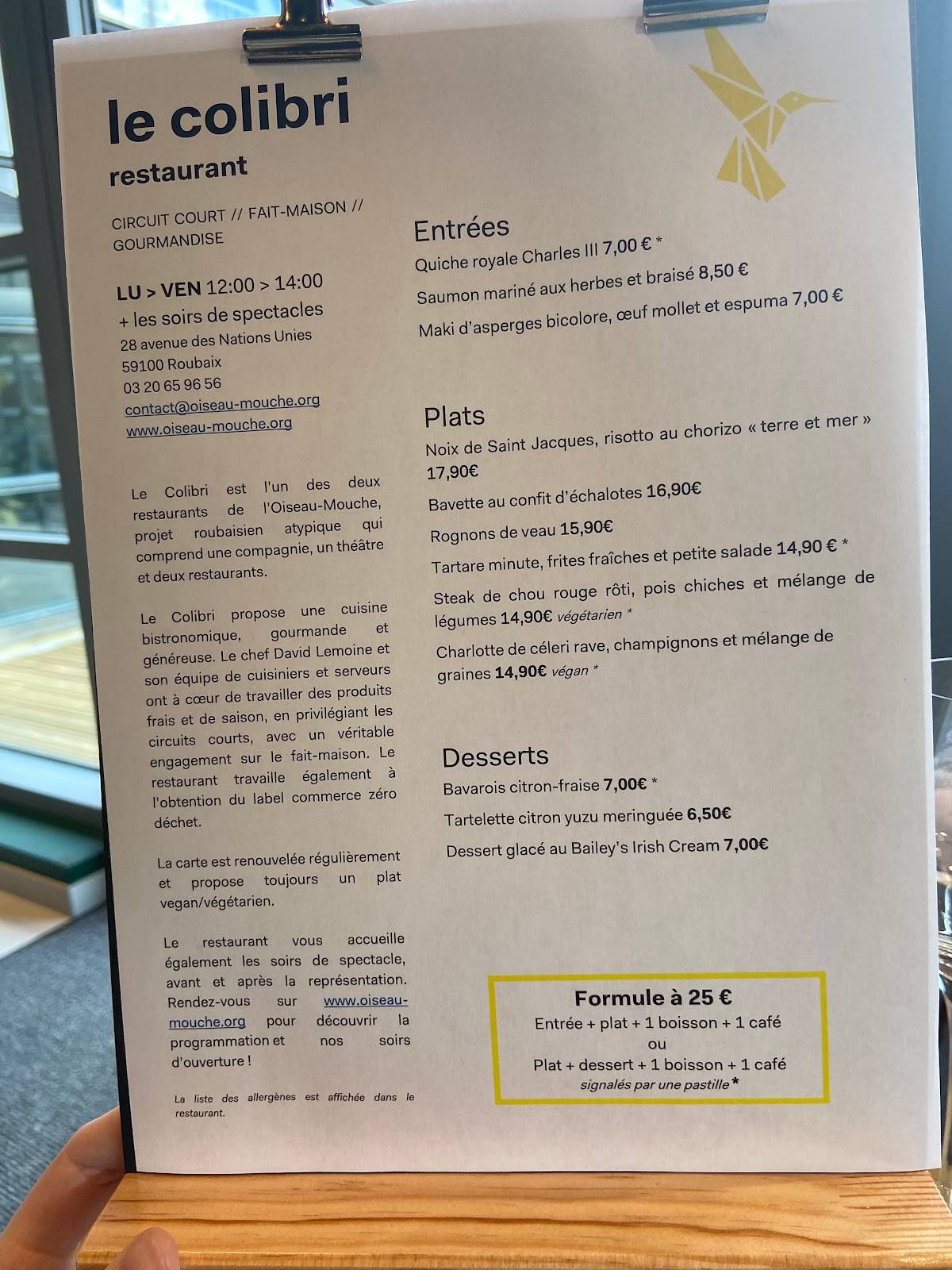 Menu au Le Colibri restaurant, Roubaix