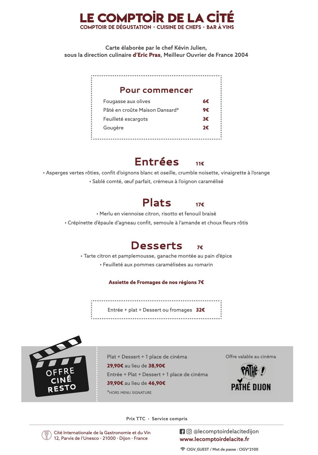 Menu au Le Comptoir De La Cité restaurant, Dijon, 12 Parvis De L'unesco
