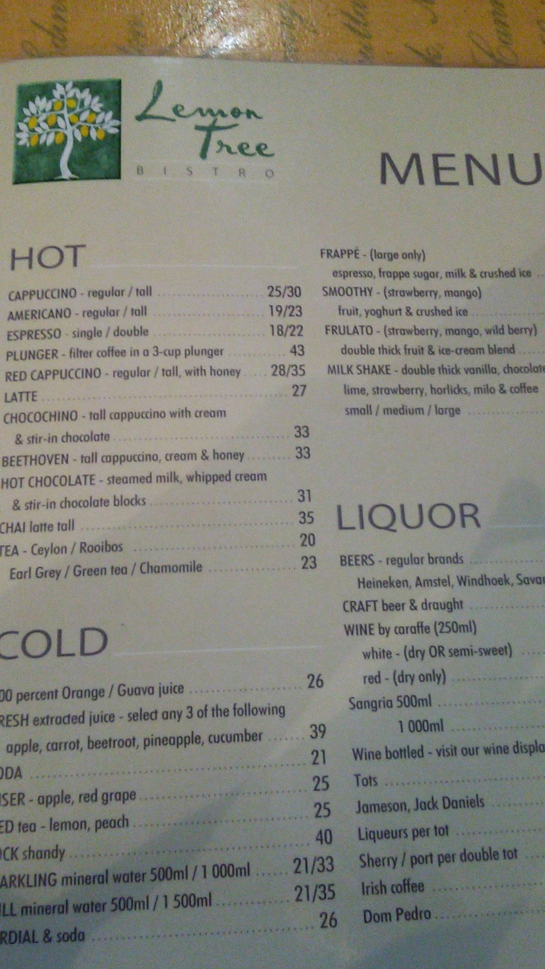 Menu at The Lemon Tree Farm Shop & Bistro restaurant, Underberg