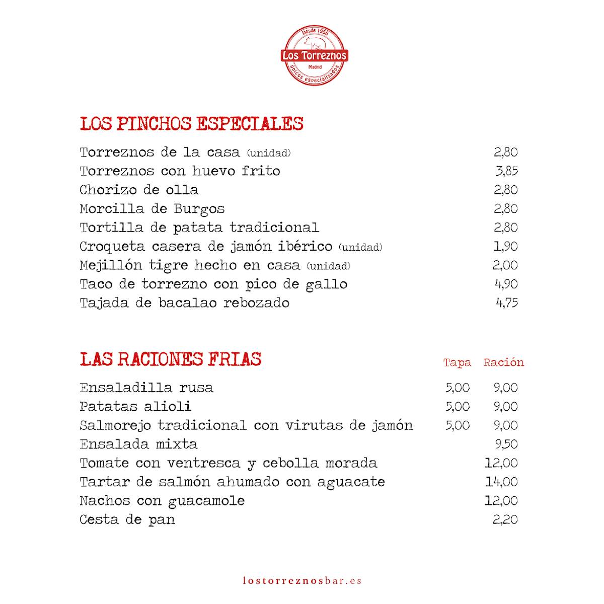 Carta del restaurante Los Torreznos, Madrid, Alonso Cano