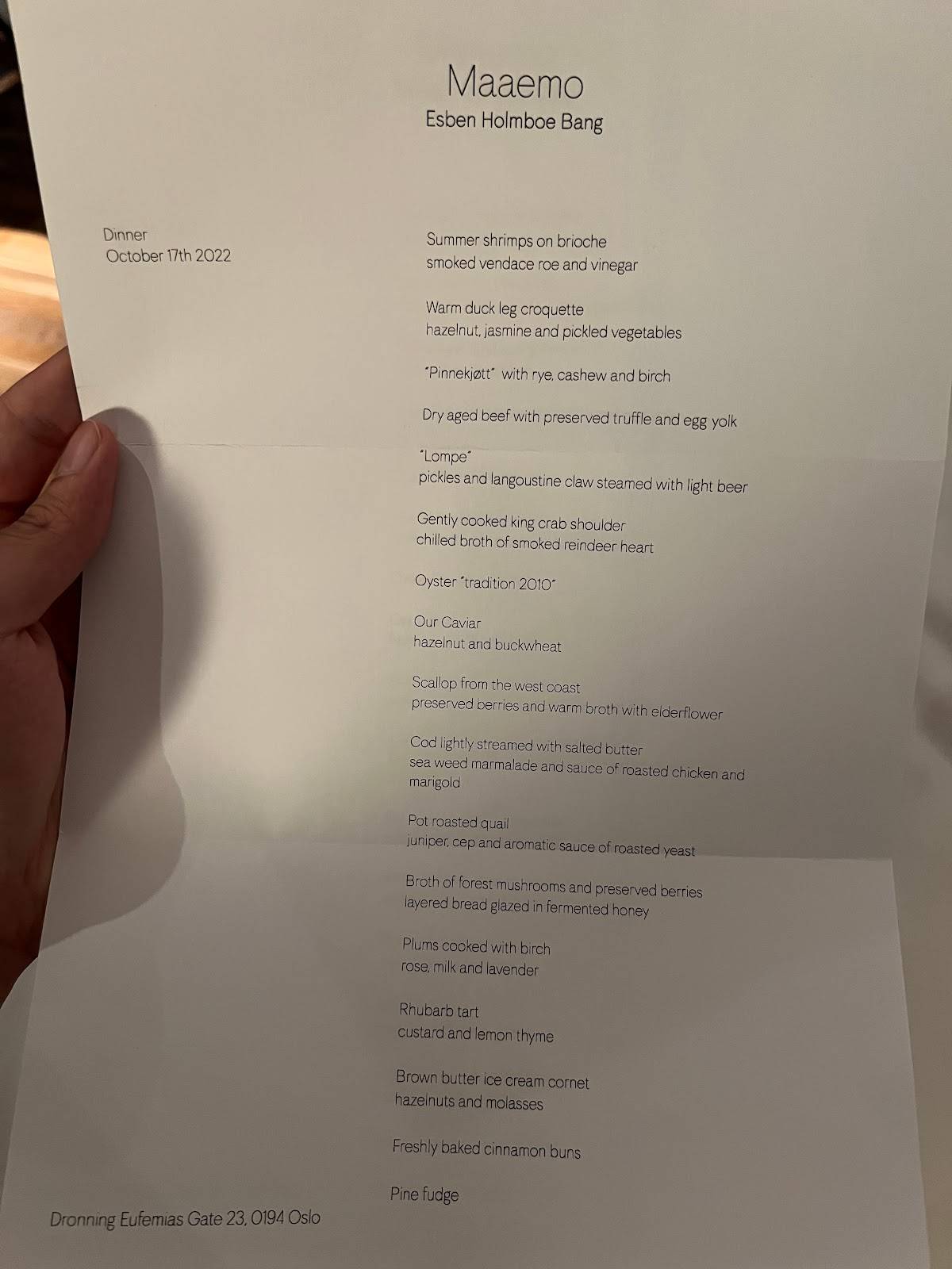 Menu at Maaemo restaurant, Oslo