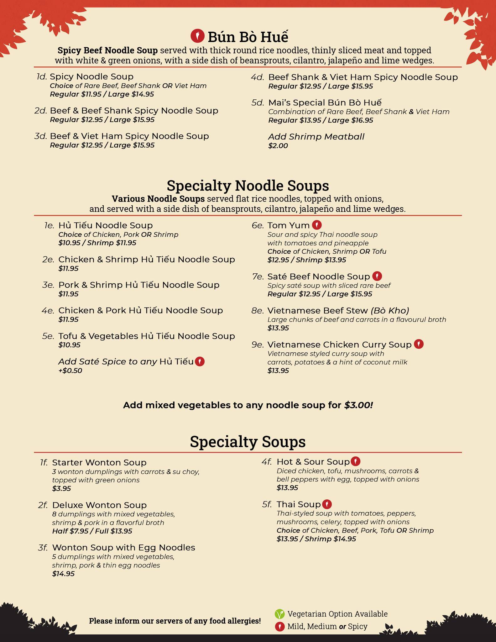Menu at Mai's Kitchen Vietnamese Cuisine restaurant, Saskatoon