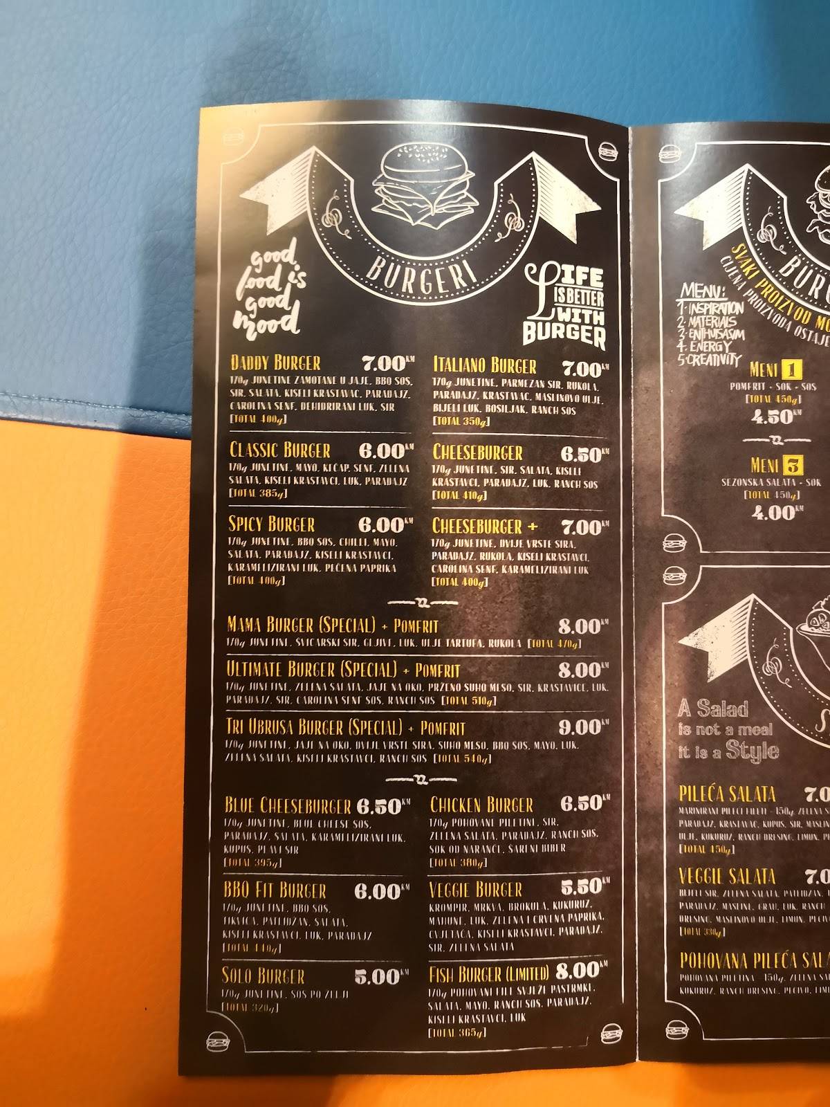 Menu at Mama Burgers SCC restaurant, Sarajevo