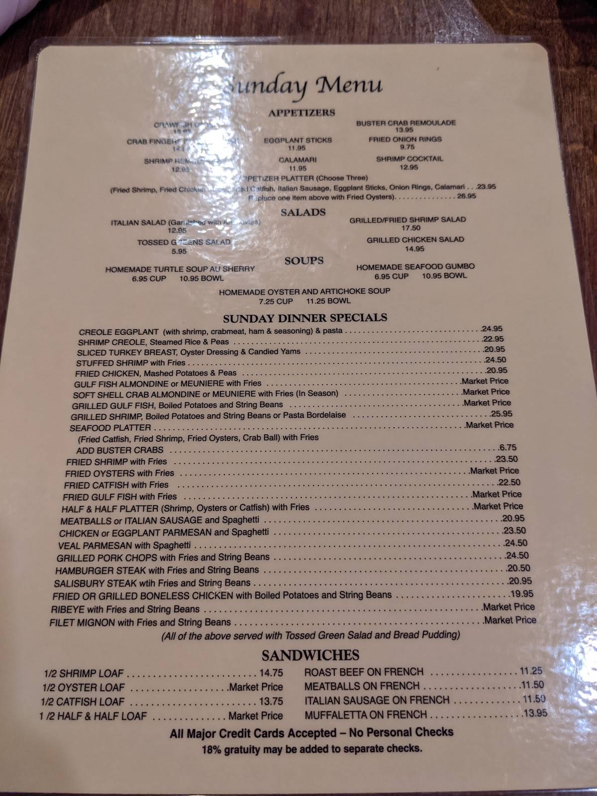 Menu at Mandina's Restaurant, New Orleans