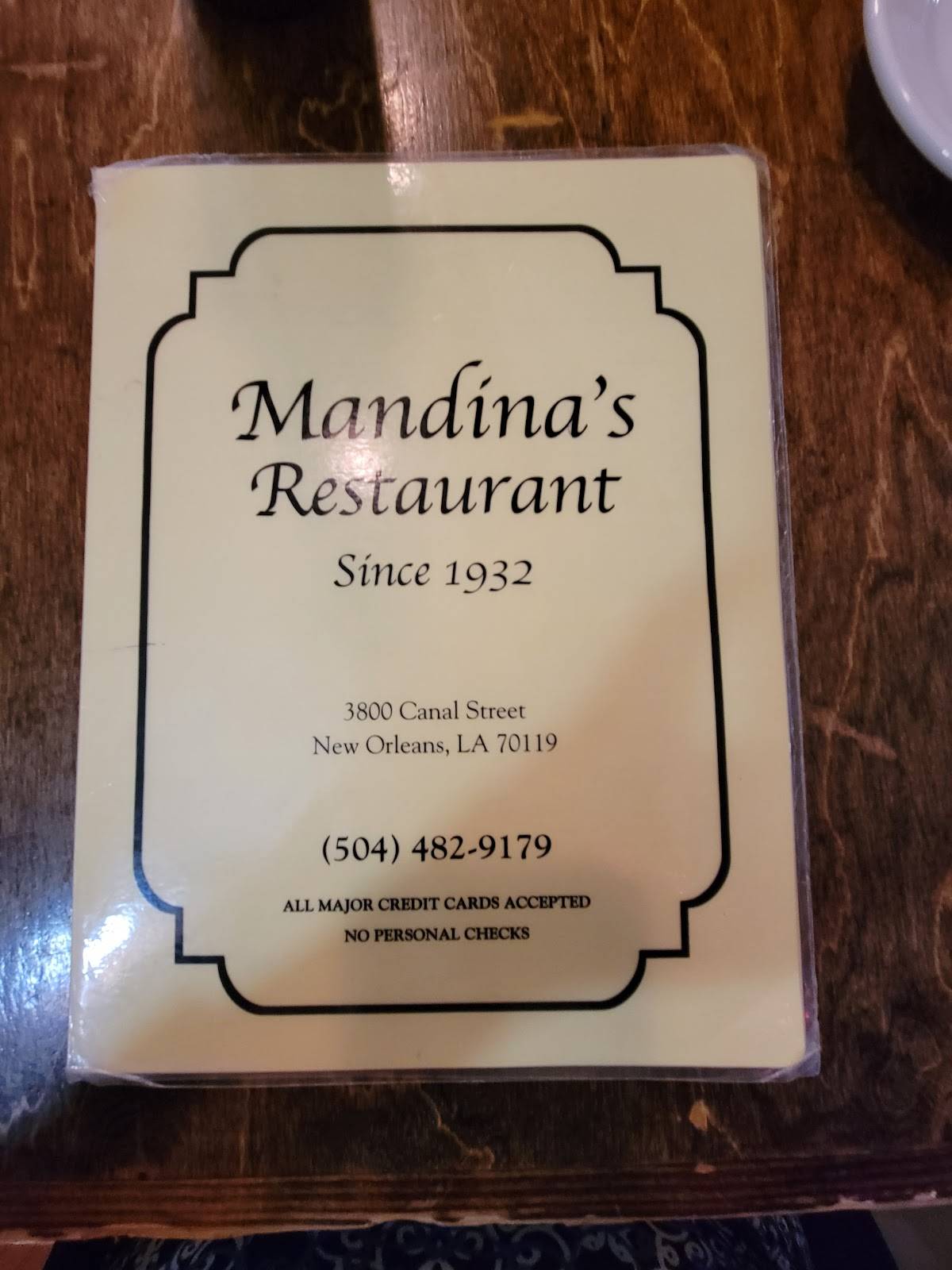 Menu at Mandina's Restaurant, New Orleans