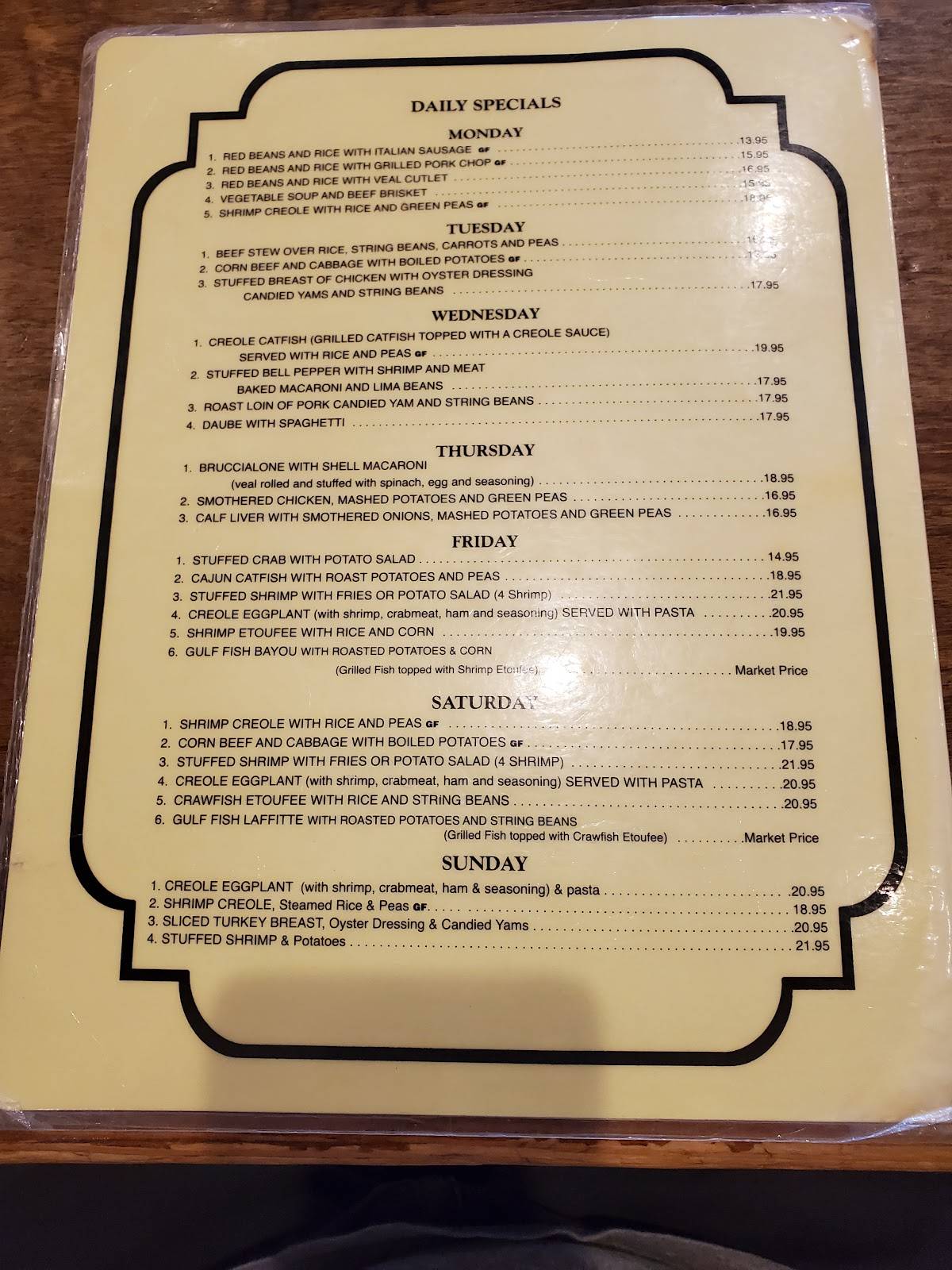 Menu at Mandina's Restaurant, New Orleans