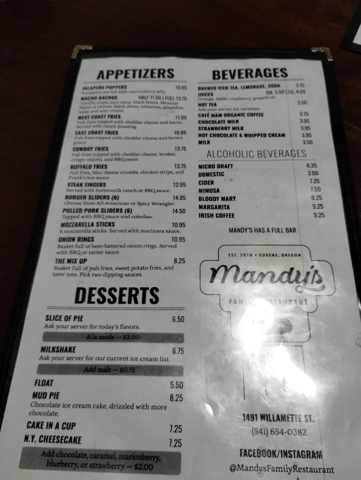 Menu at Mandy's Family Restaurant, Eugene