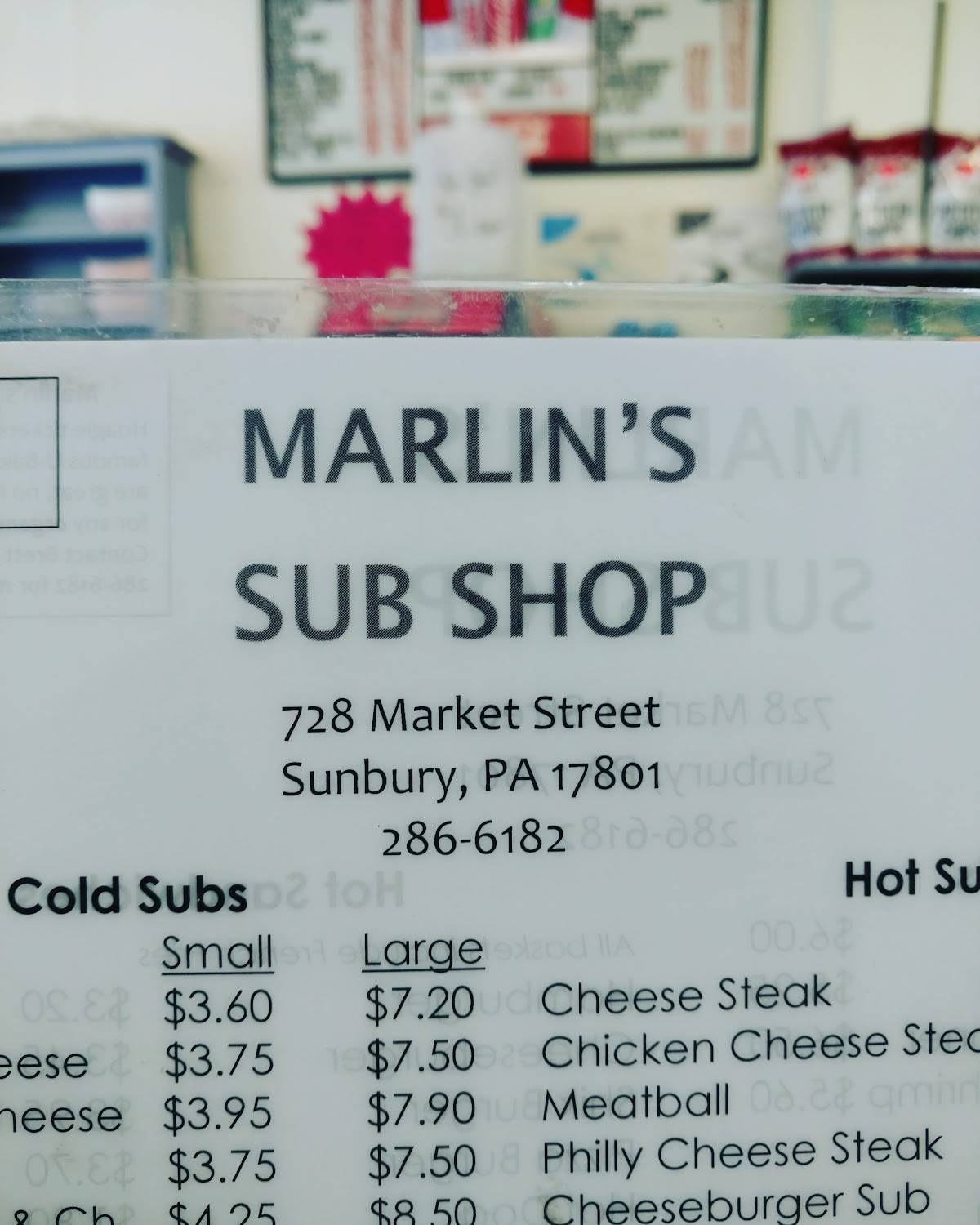 Menu at Marlin's Sub Shop restaurant, Sunbury