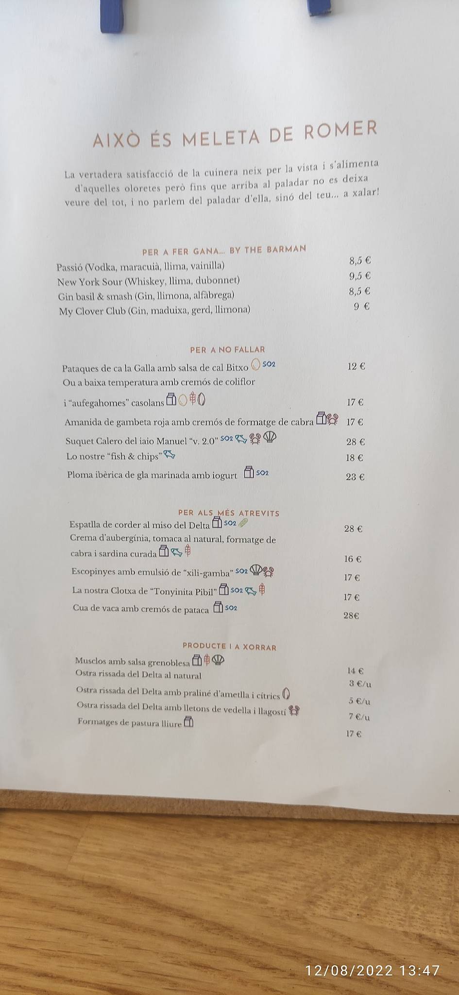 Carta del restaurante Meleta del Romer, La Ametlla del Mar