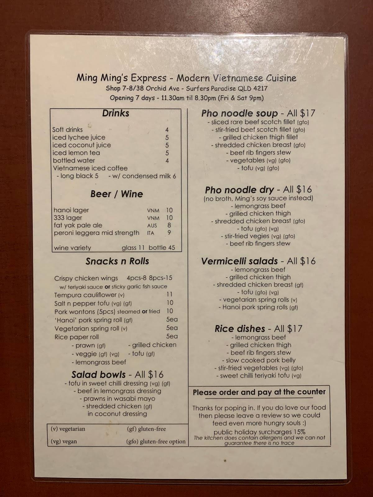 Menu at Ming Ming's Vietnamese Fusion restaurant, Surfers Paradise