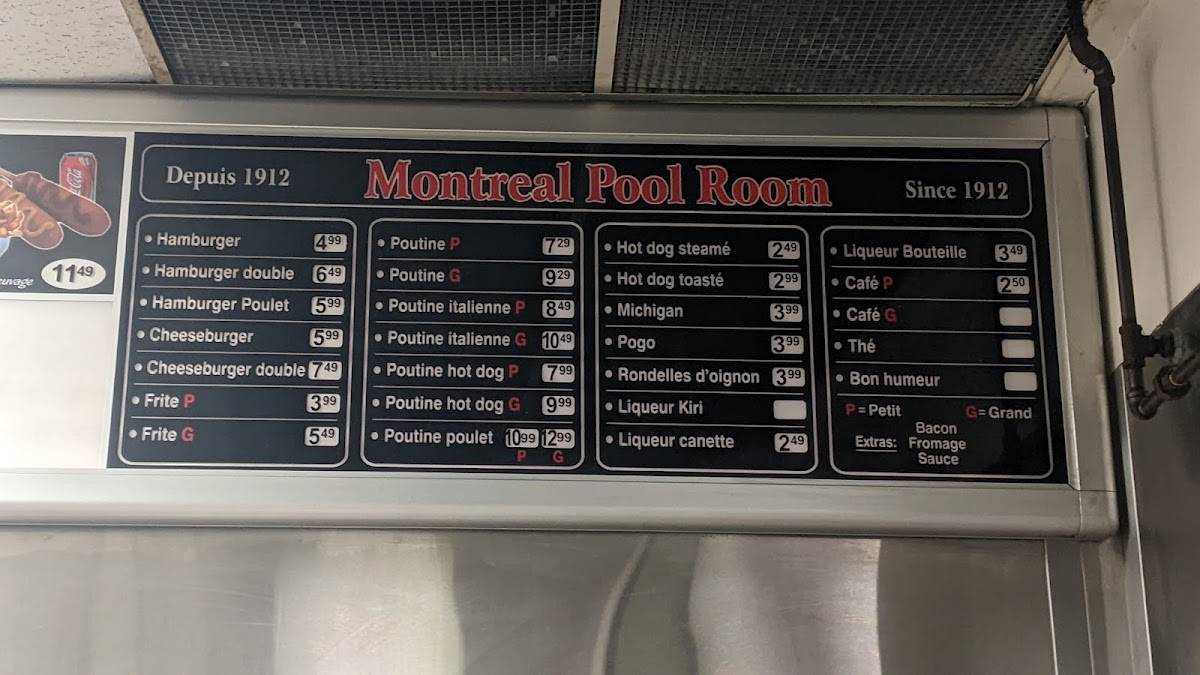 Menu au Montréal Pool Room restaurant, Montréal