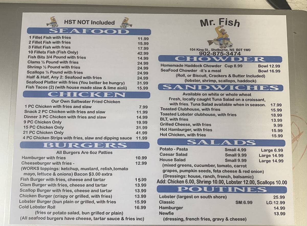 Menu at Mr Fish restaurant, Shelburne