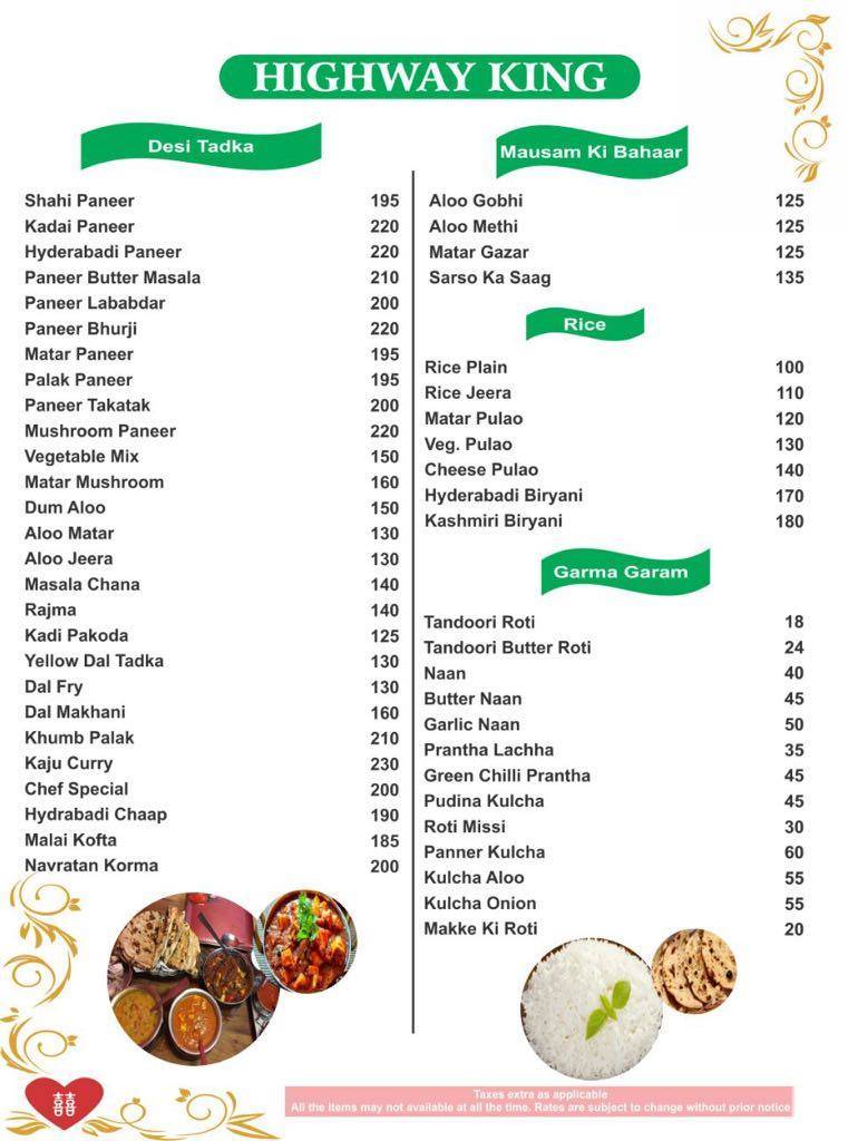 Menu at Murthal Highway King Dhaba, Delhi