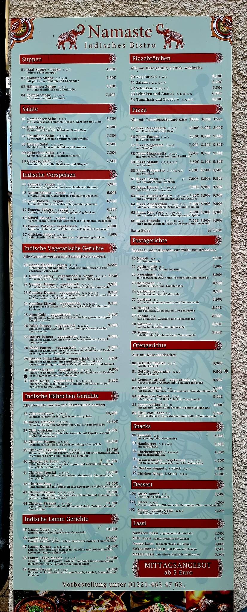 Speisekarte von Namaste Glashütte restaurant, Glashütte