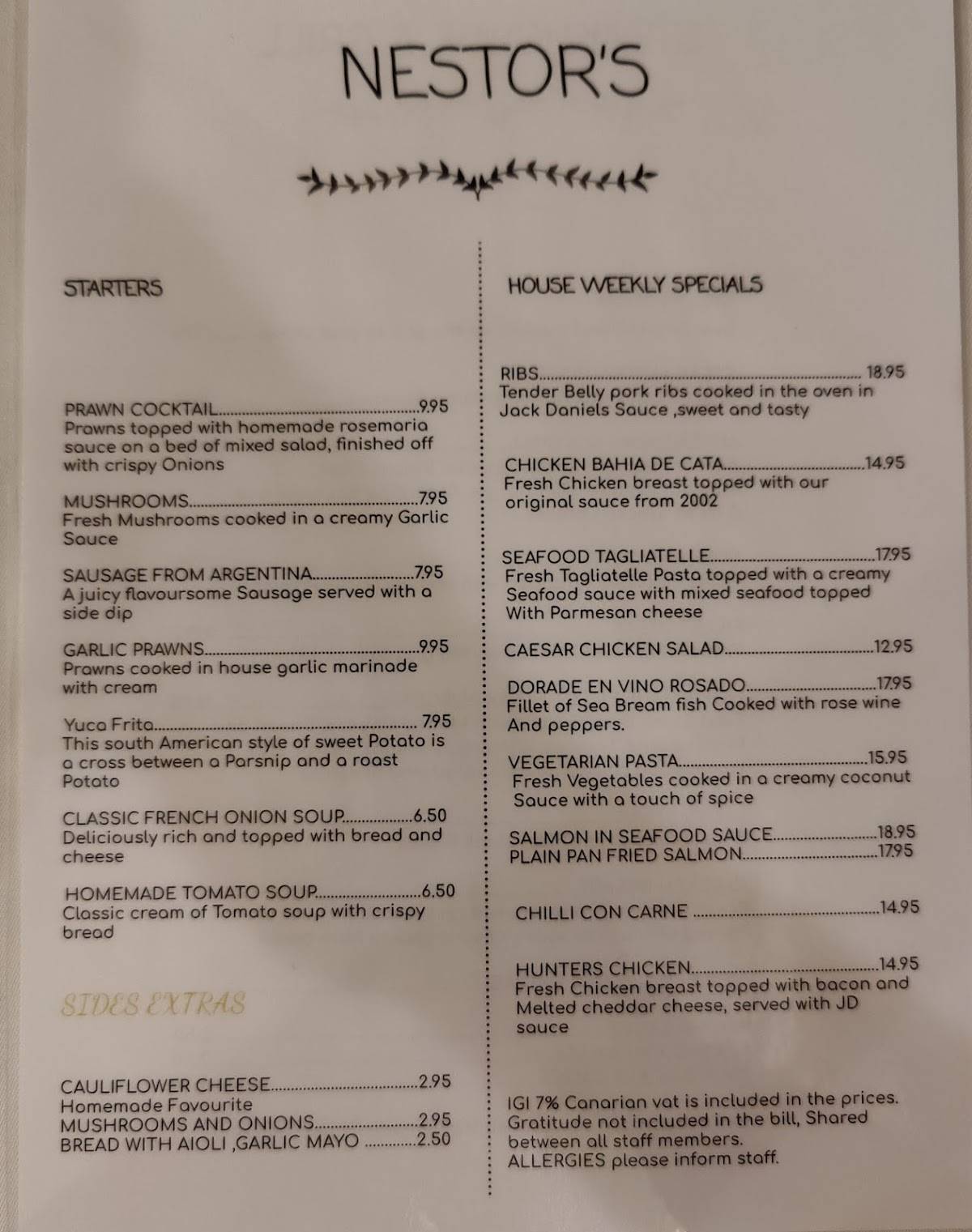 Menu at Nestor's Restaurant & Steakhouse, Castillo Caleta de Fuste