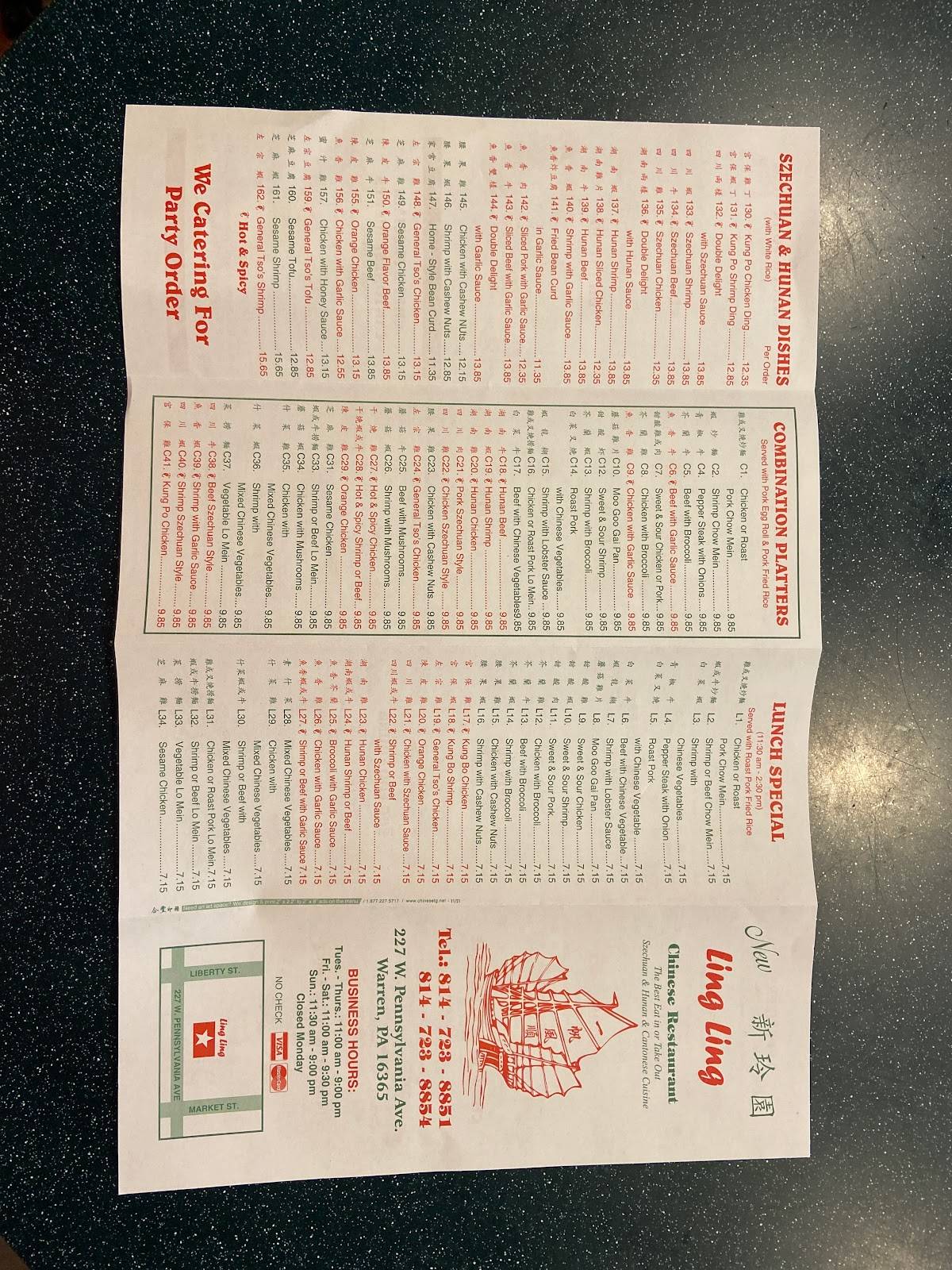 Menu at New Ling Ling Chinese Restaurant, Warren