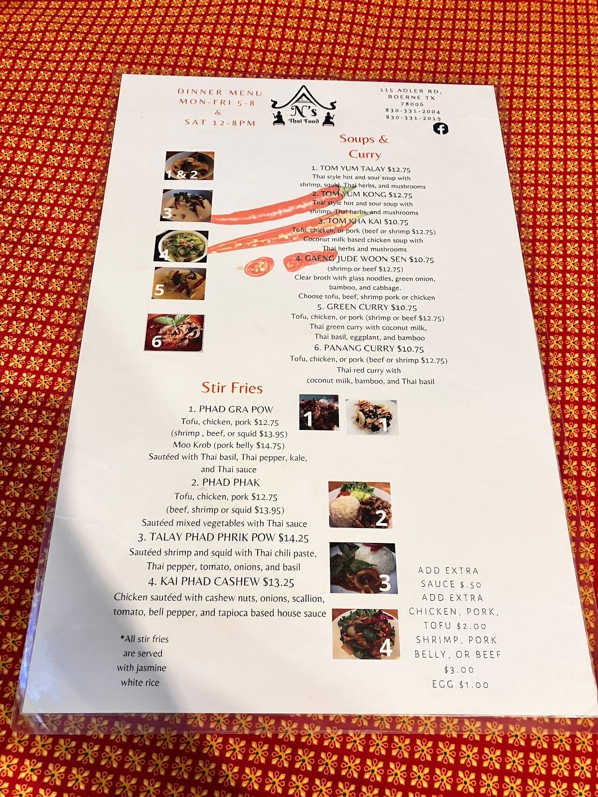 Menu at N's Thai Food restaurant, Boerne