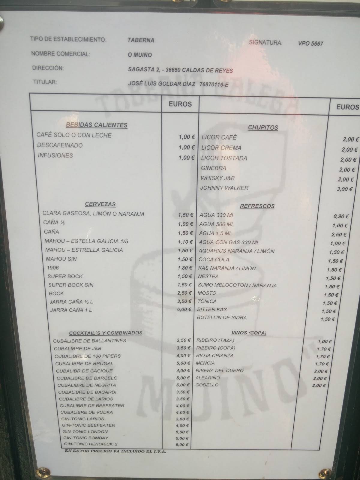 Menu at O Muiño restaurant, Caldas de Reis, Rúa Ferreria
