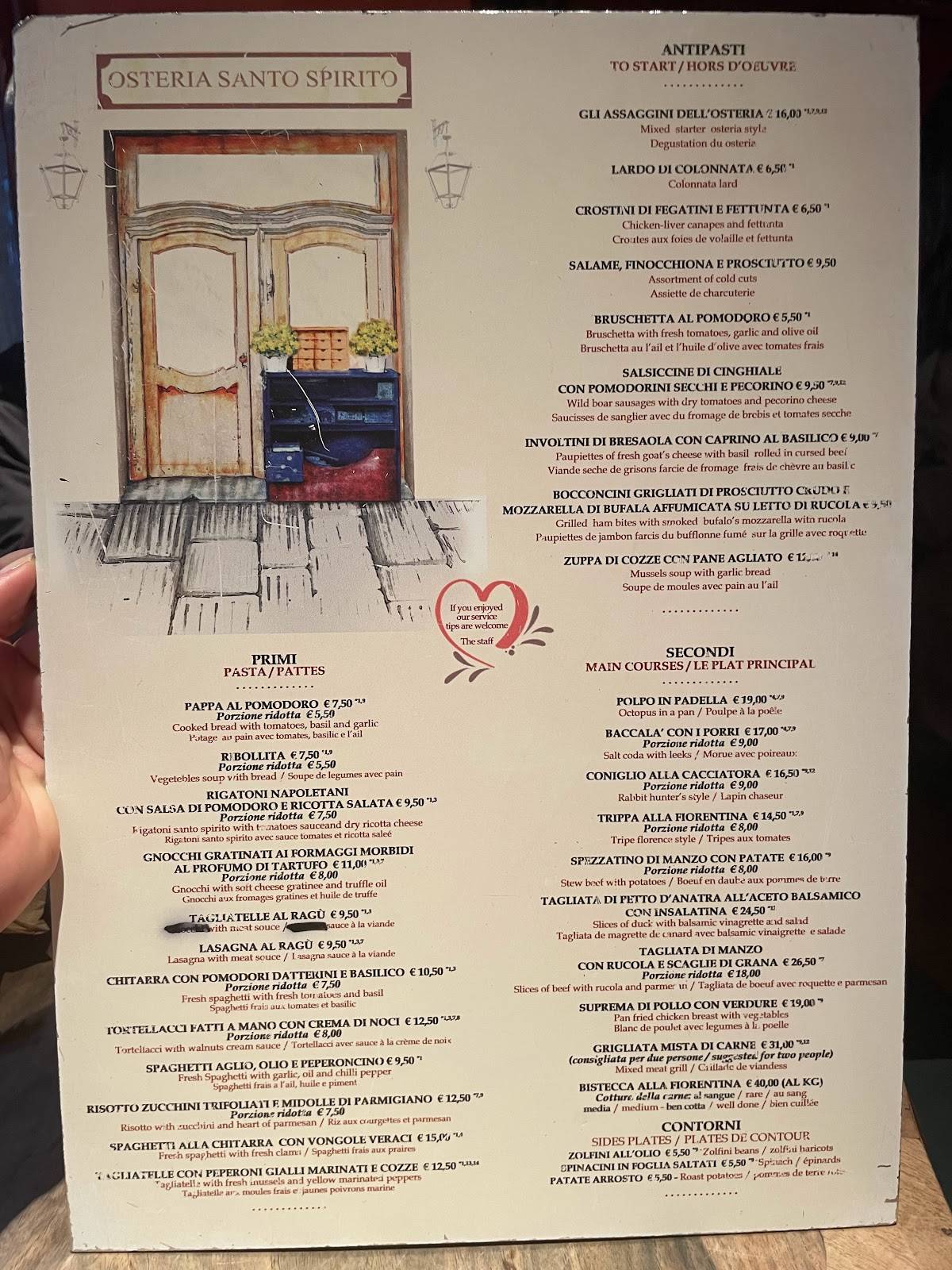 Menu at Osteria Santo Spirito restaurant, Florence, Piazza Santo Spirito