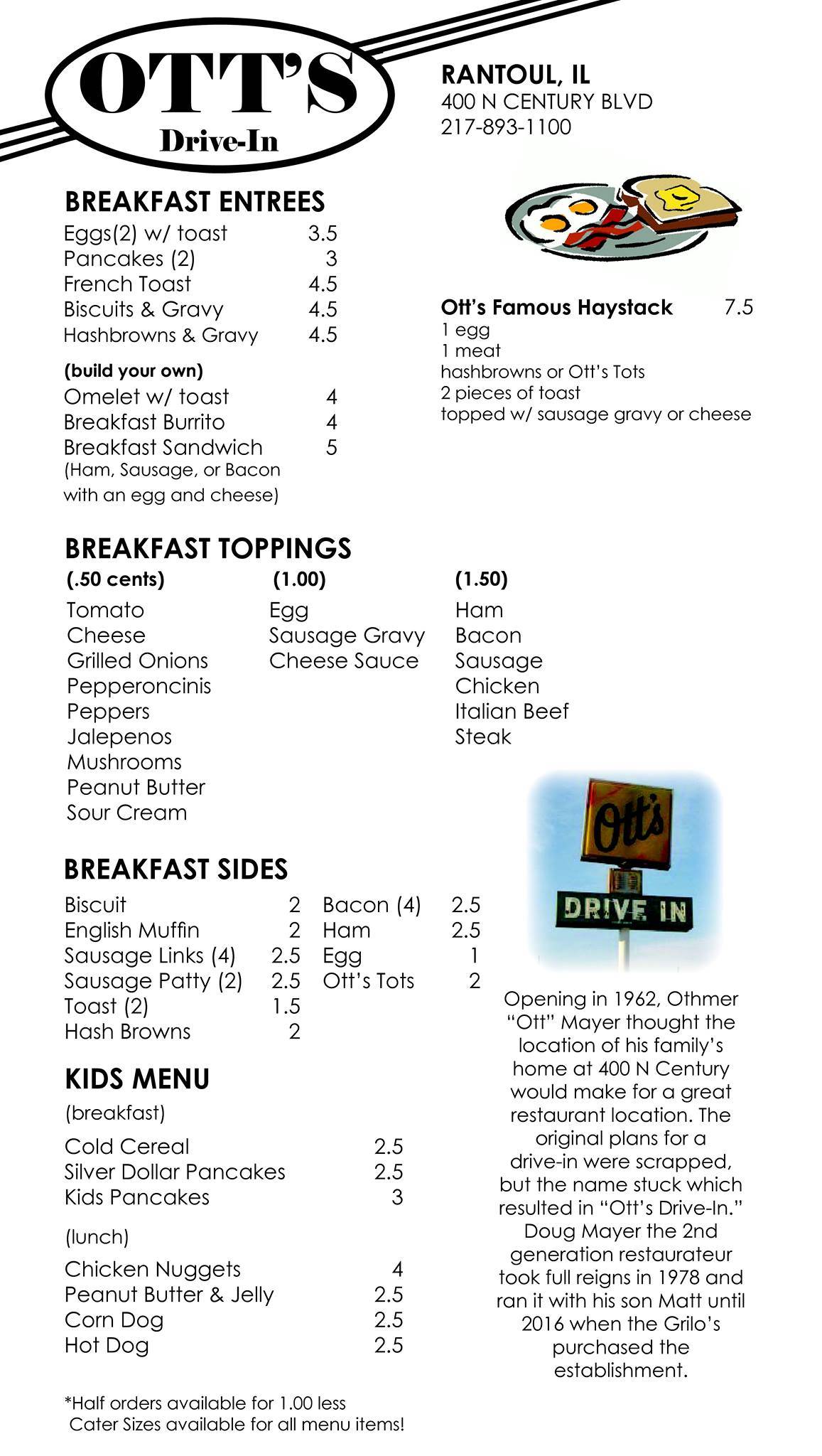 Menu at Ott's Drive In restaurant, Rantoul