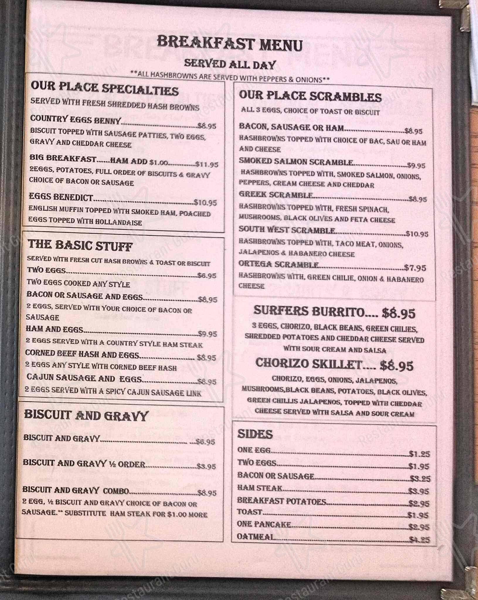 Menu at Our Place Restaurant, Ocean Shores