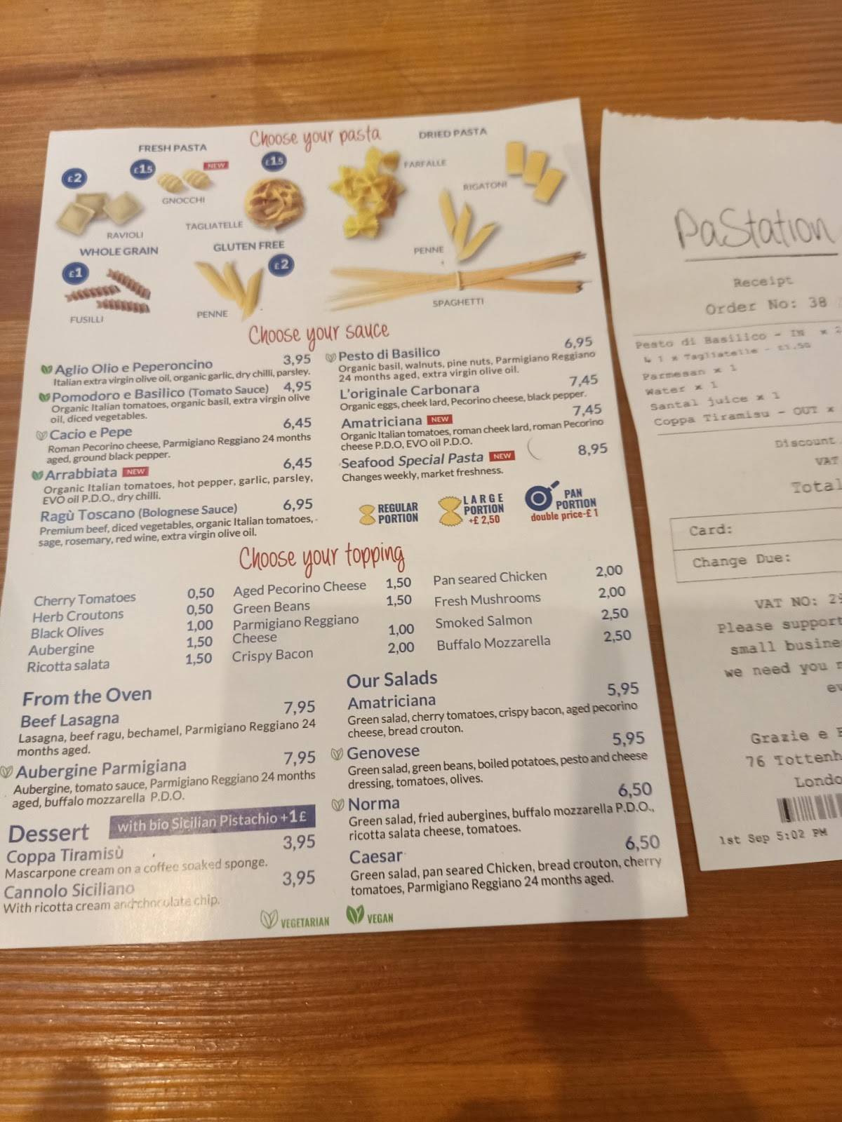 Menu at PaStation restaurant, London