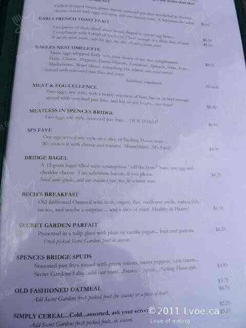 Menu at The Packing House restaurant, Spences Bridge