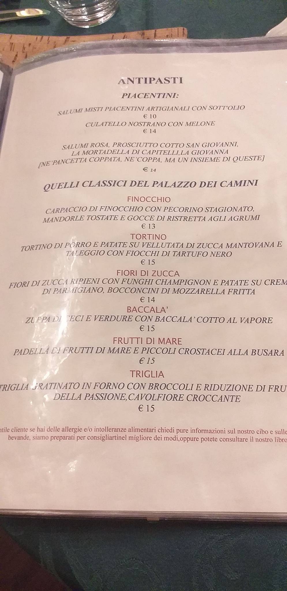 Menu da Palazzo dei Camini ristorante, Agazzano, Via del Mercato
