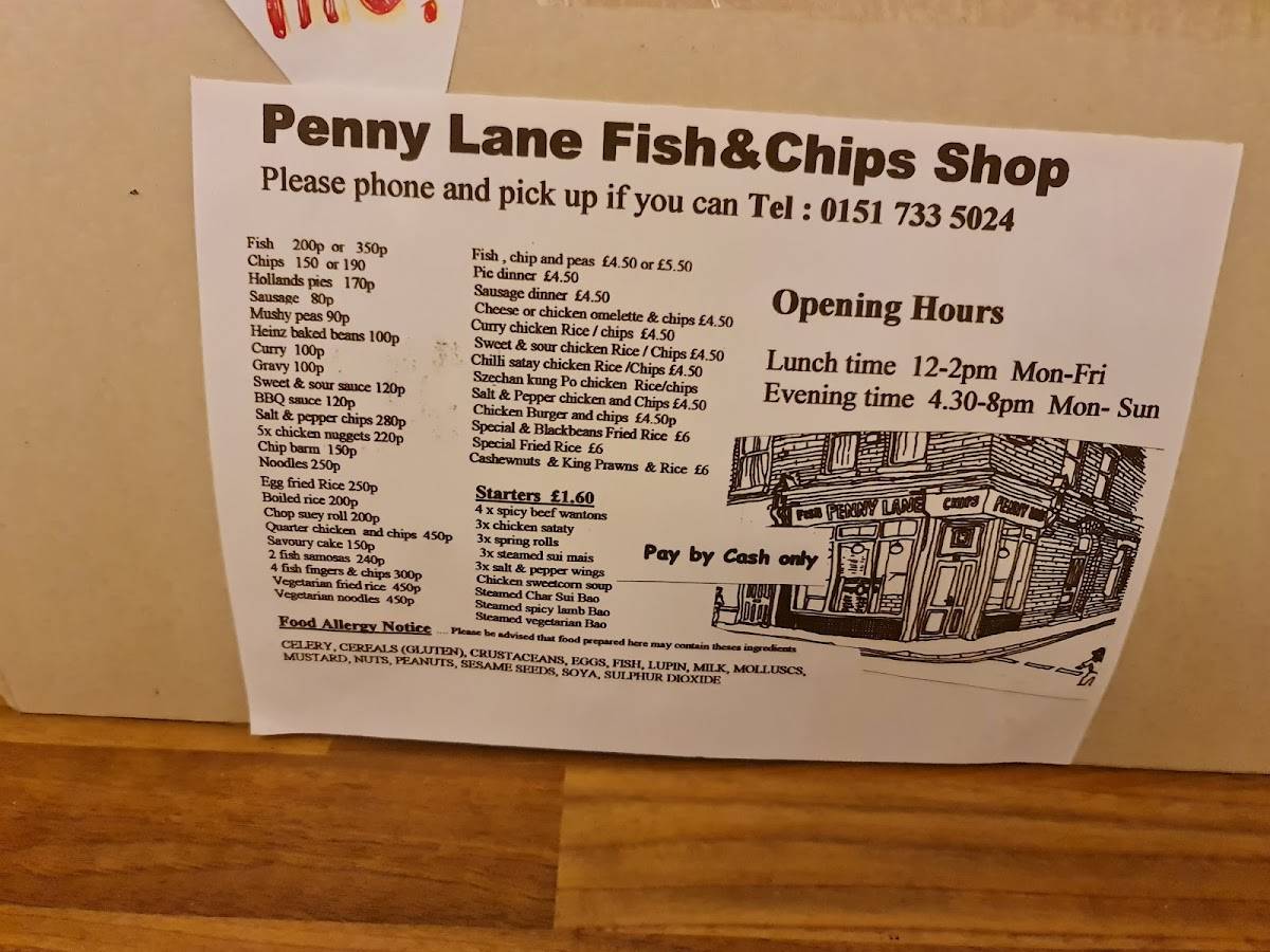 Menu at Penny Lane Fish and Chips restaurant, Liverpool