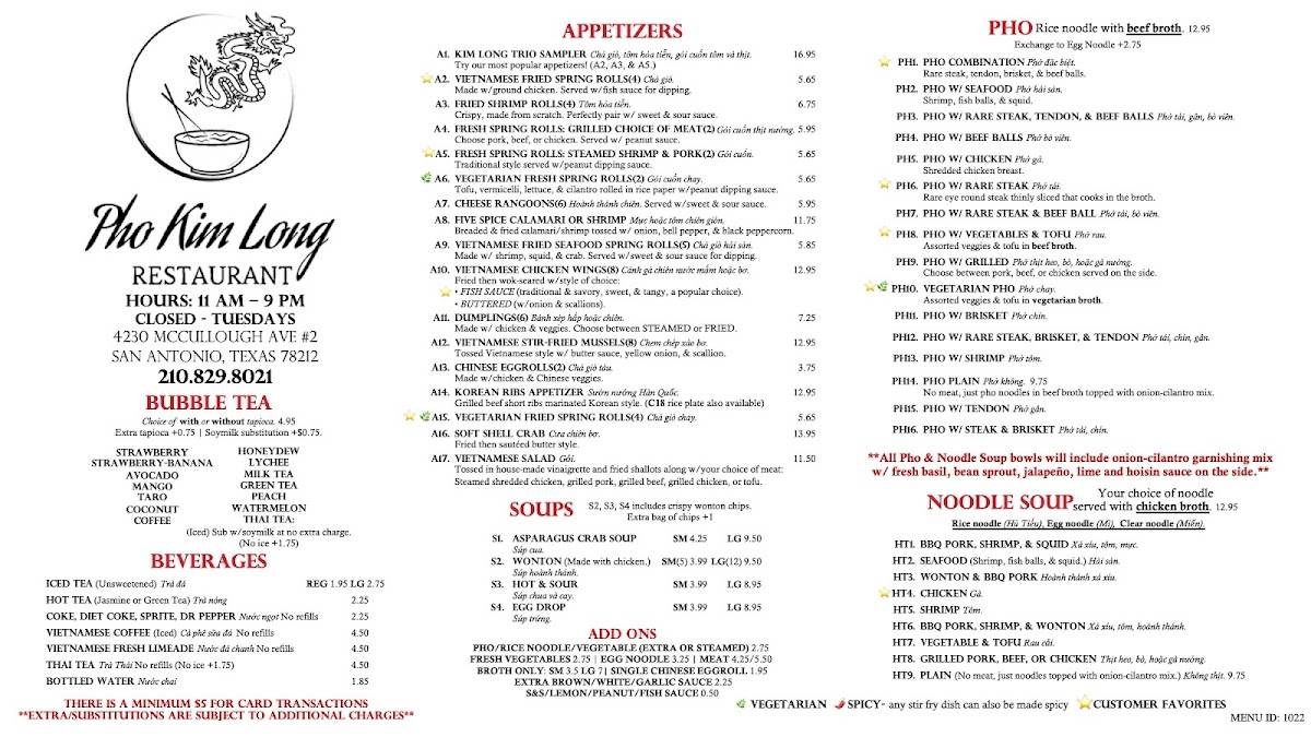 Menu at Pho Kim Long restaurant, San Antonio, McCullough Ave #2