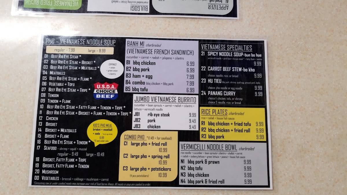 Menu at Pho Tai restaurant, Tacoma, Center St #2348