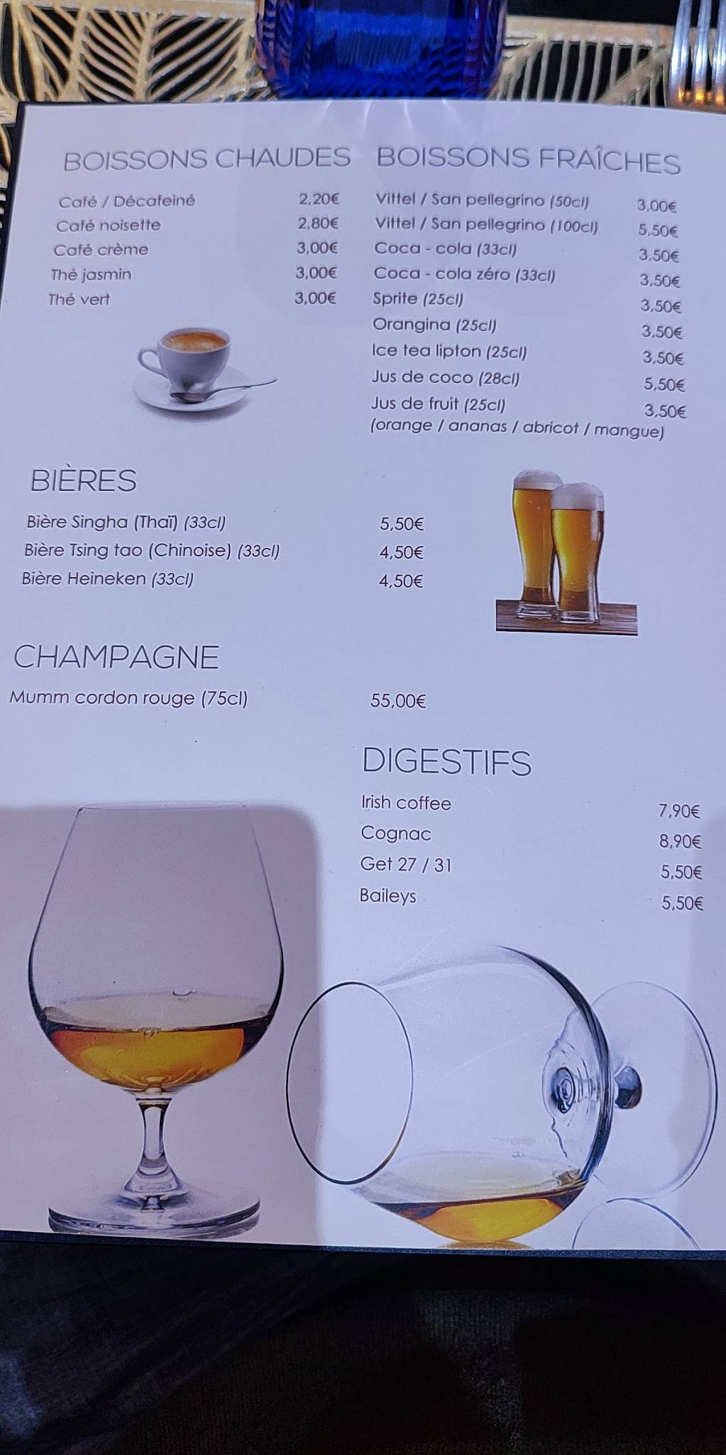 Menu at Phuket Thaï restaurant, Rambouillet