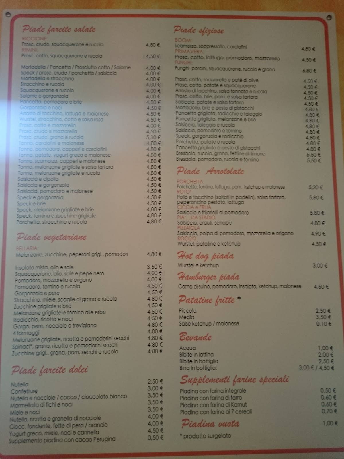 Menu at Piada Boom restaurant, Chivasso