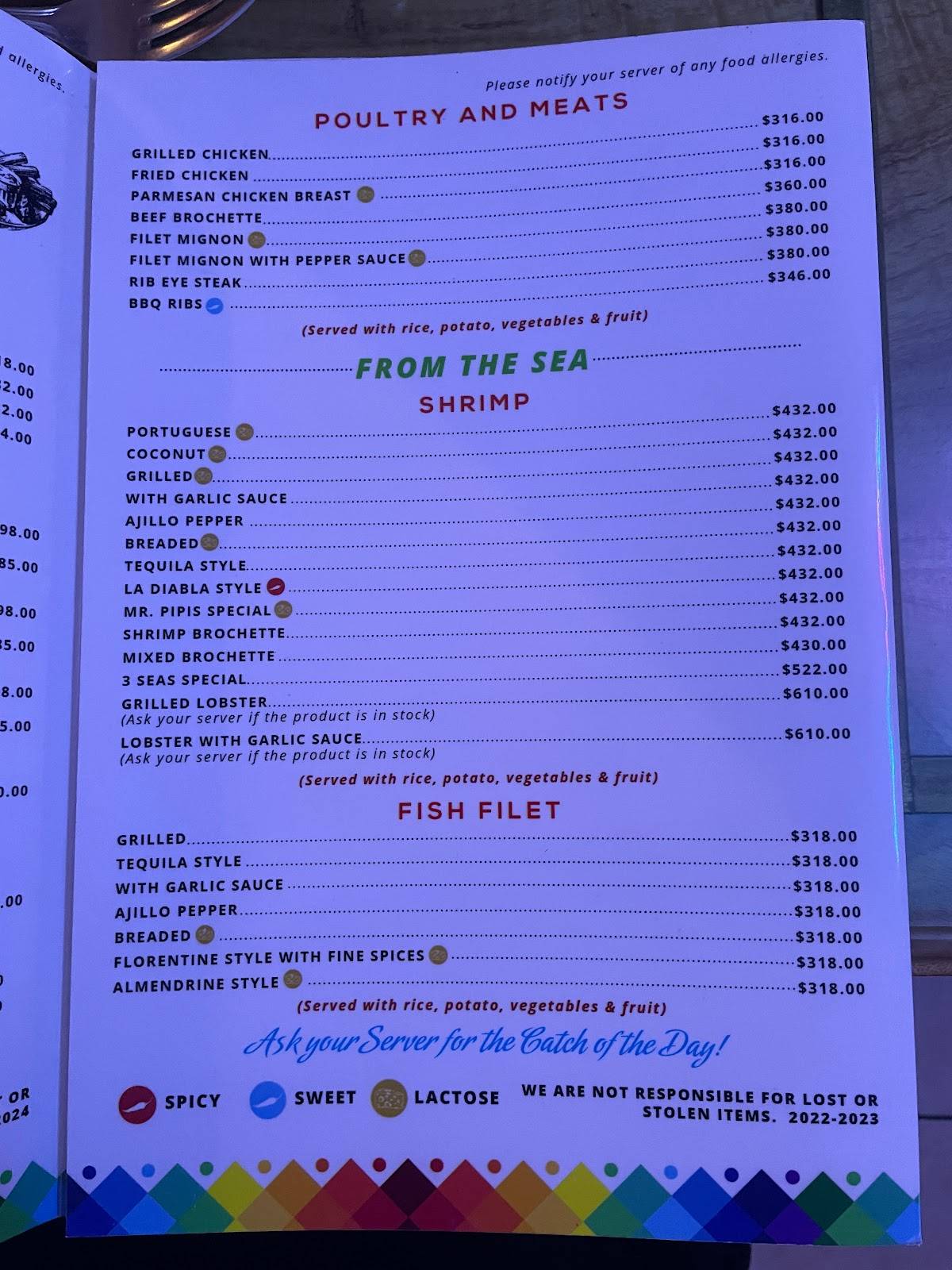 Menu at Pipis restaurant, Puerto Vallarta