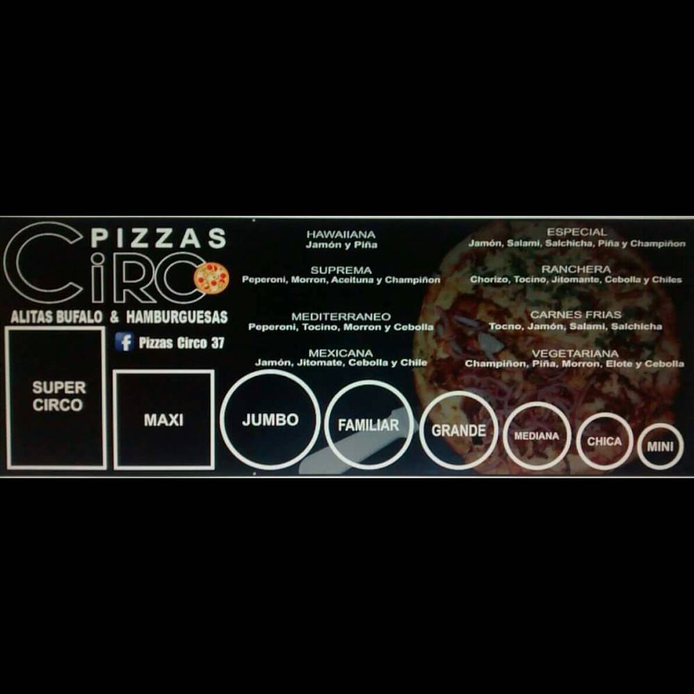 Menu at Pizzas Circo restaurant, Guadalajara
