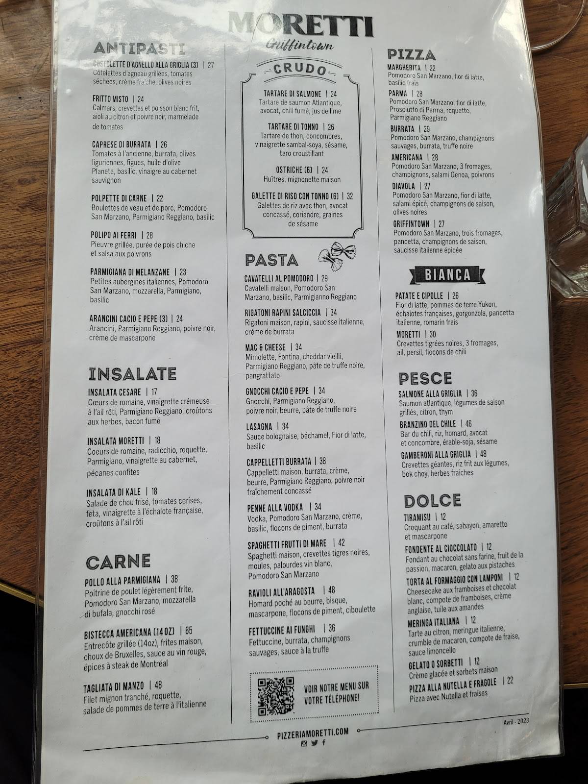 Menu au Pizzeria Moretti Griffintown, Montréal