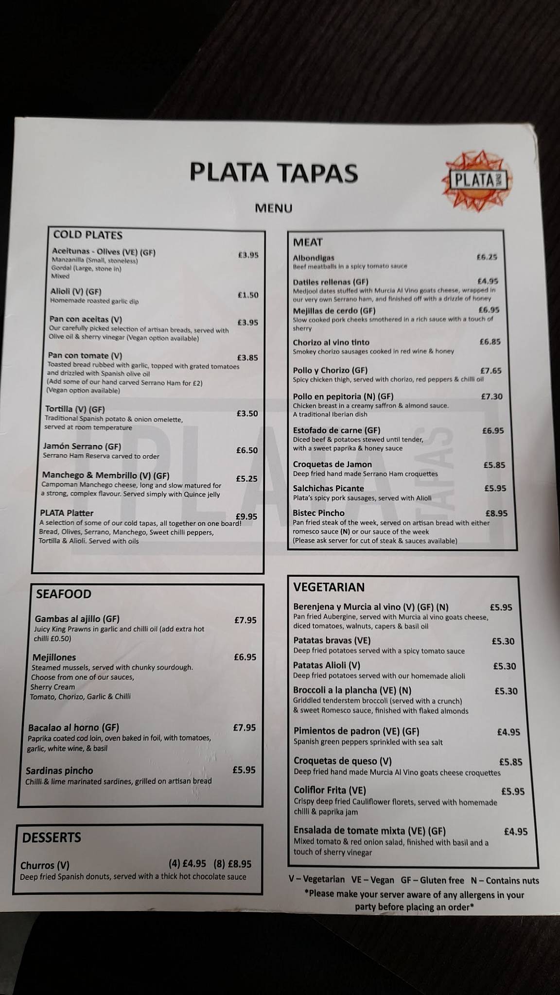 Menu at Plata Tapas restaurant, Wigan