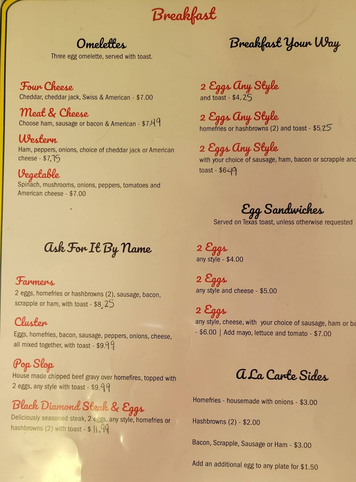 Menu at Pop Snyder's Lunch restaurant, Sunbury