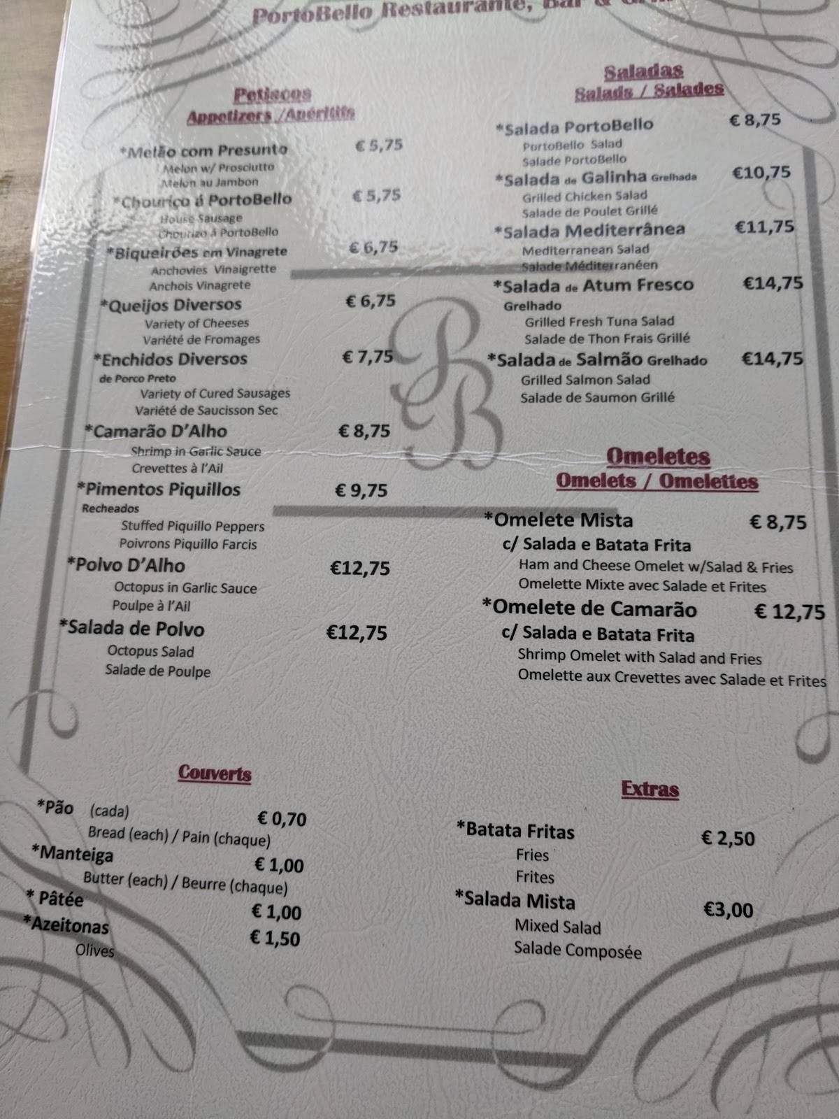 Menu at PortoBello restaurant, Nazaré