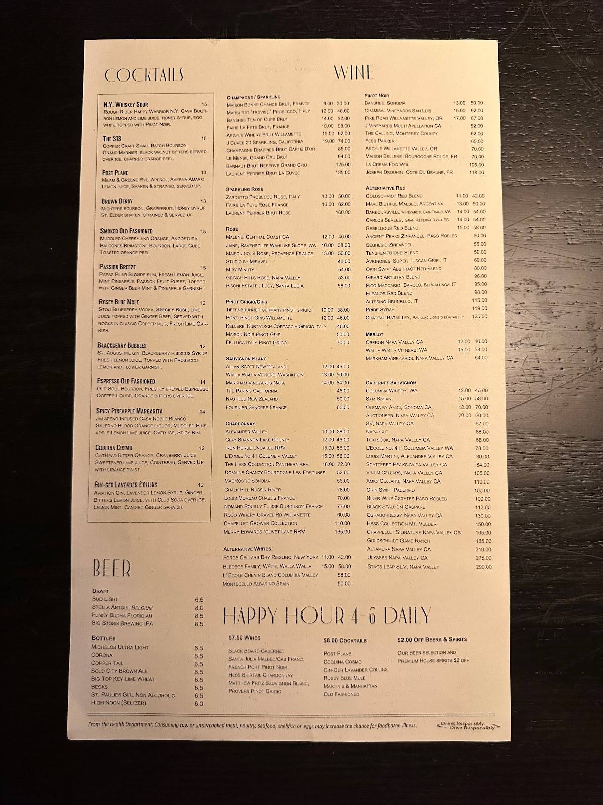Menu at Post Kitchen and Bar, Sarasota