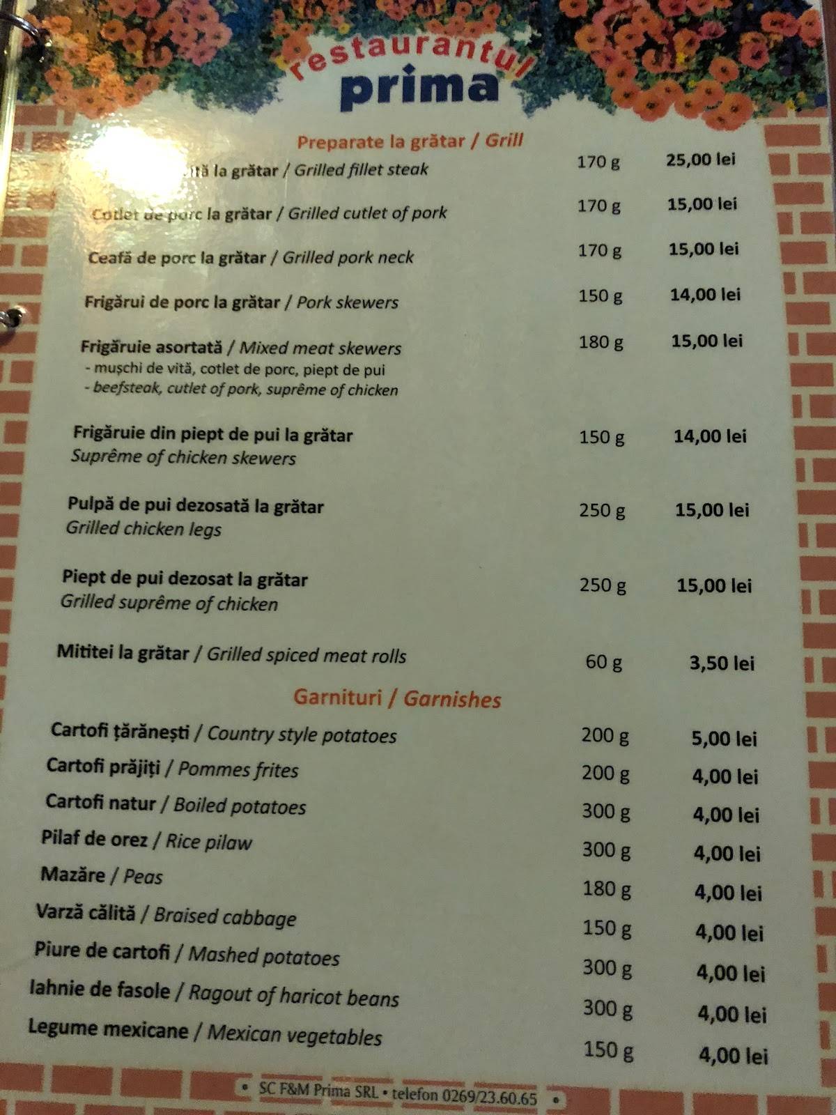 Menu at Restaurant Prima, Sibiu