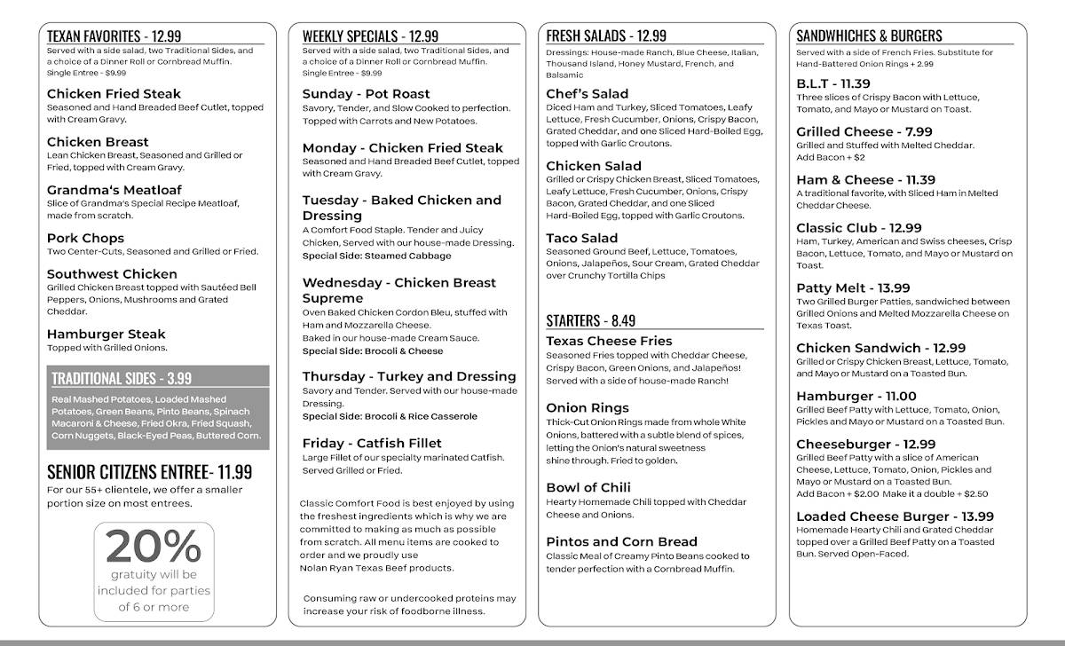 Menu at Real Texas Cafe, Euless