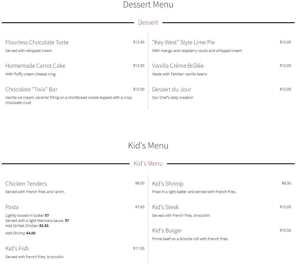 Menu at Red Fish Restaurant, Hilton Head Island
