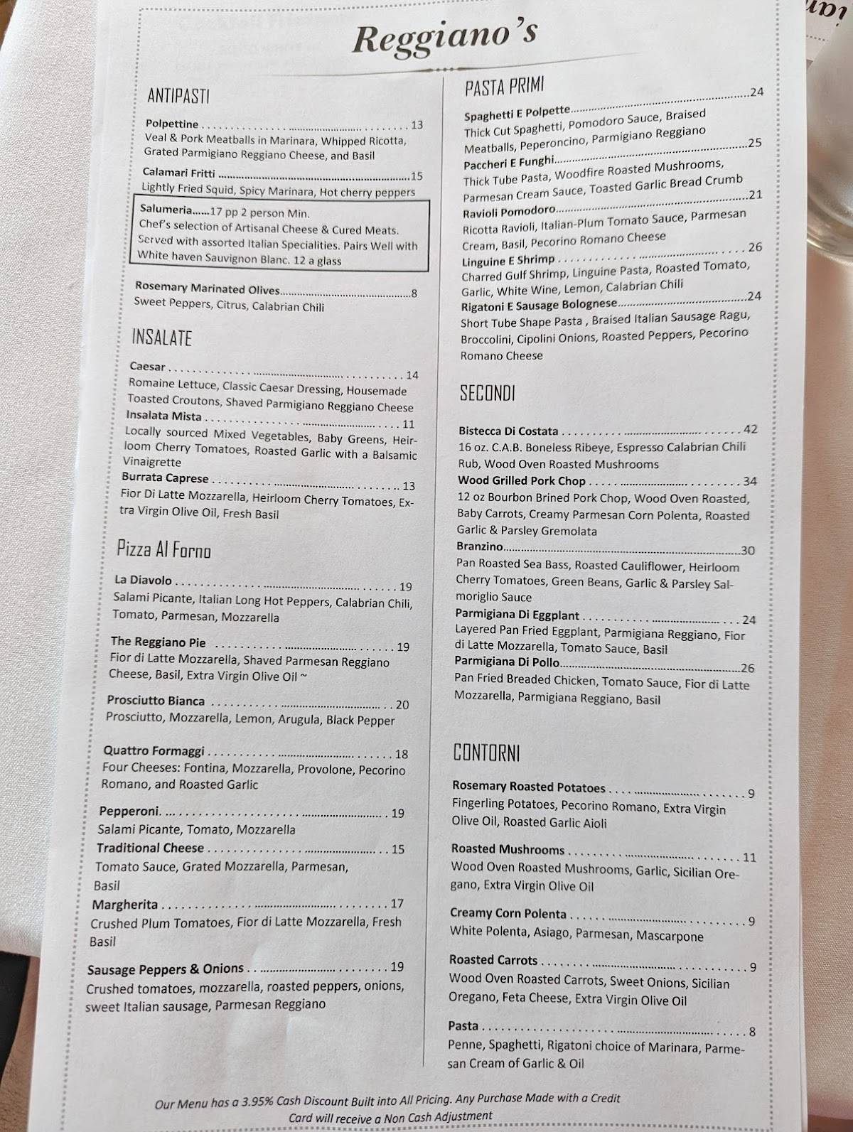Menu at Reggiano's of Celebration steakhouse, Kissimmee