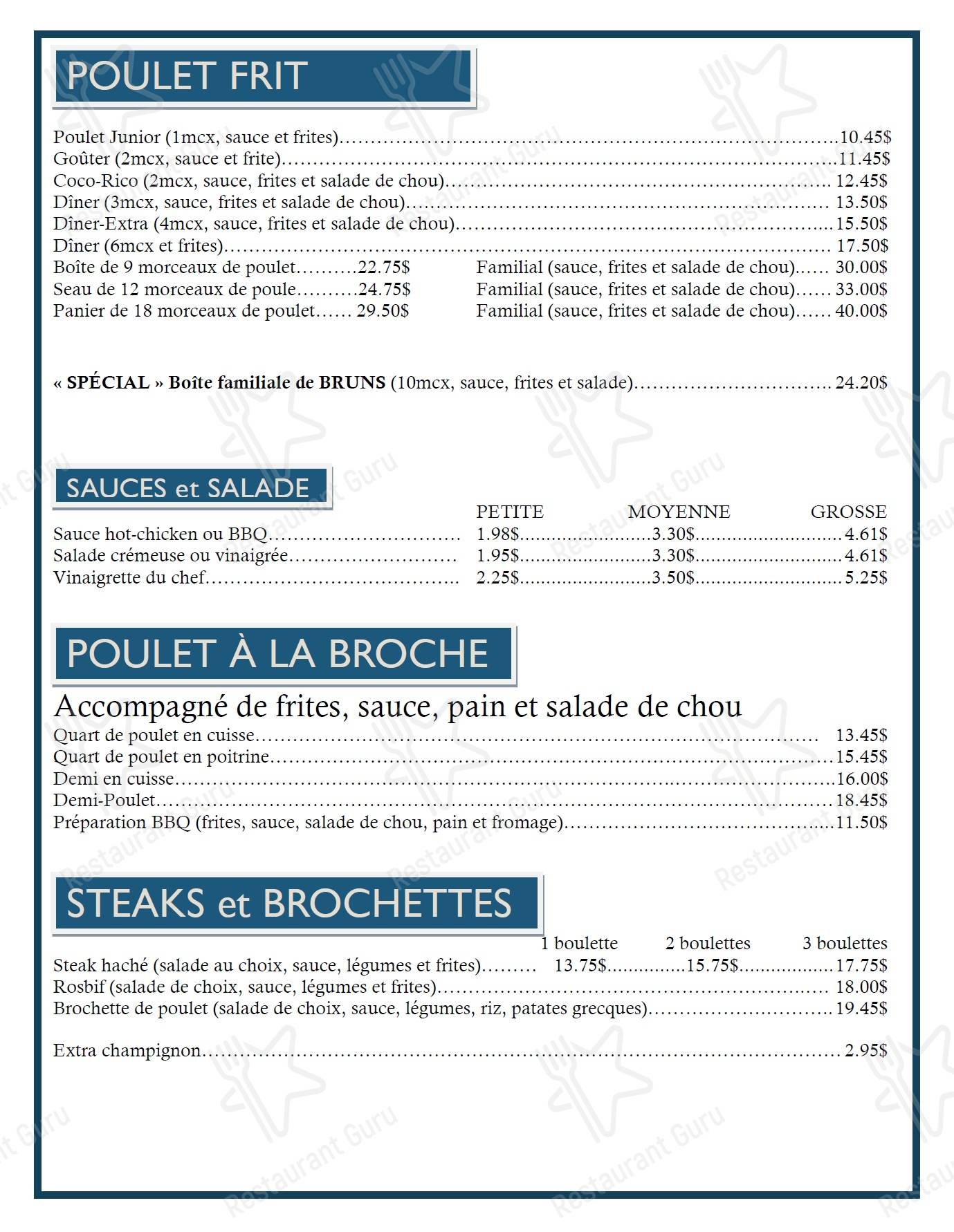 Menu au Restaurant Coco-Rico, Métabetchouan-Lac-à-la-Croix