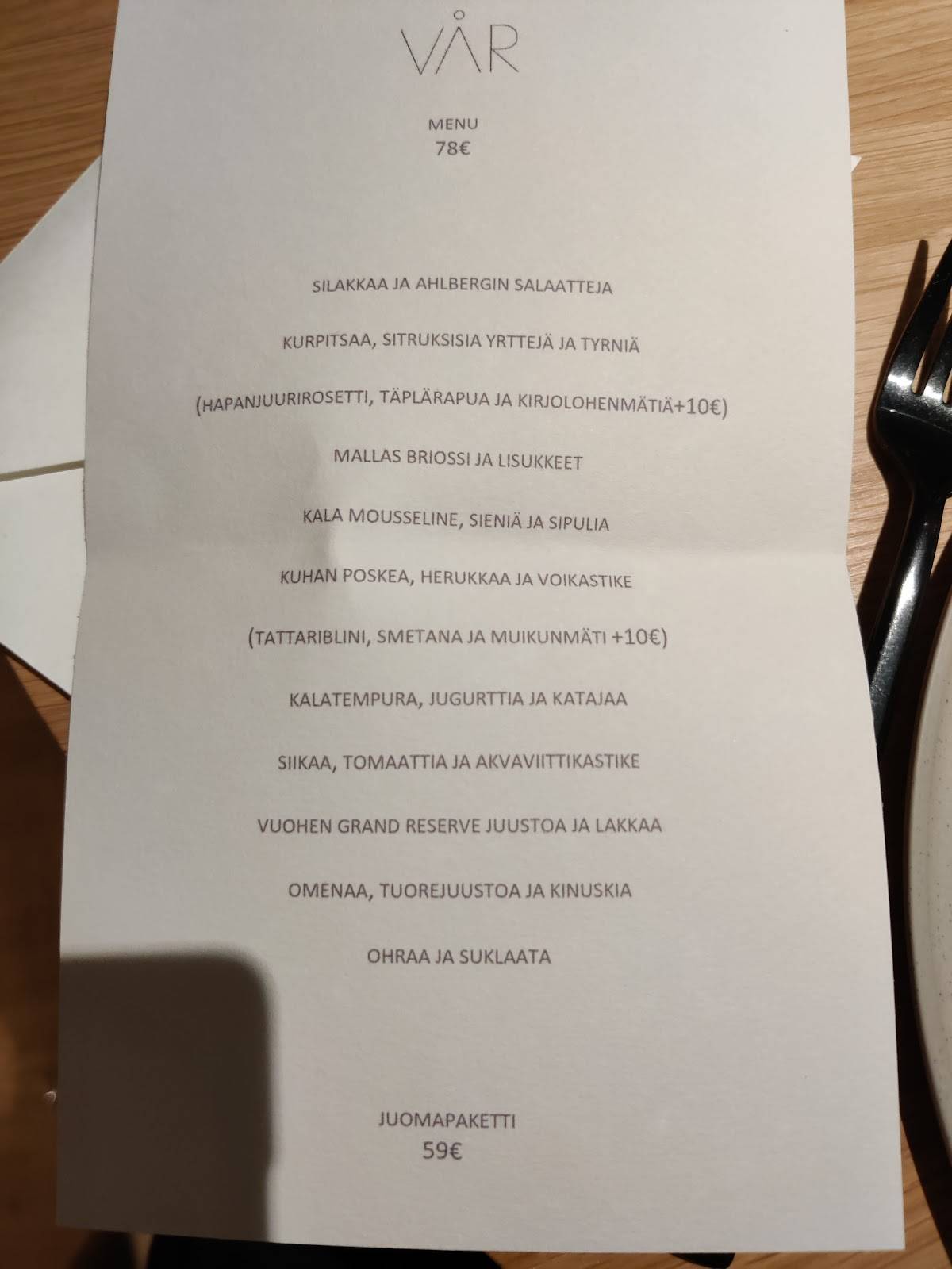 Menu at Restaurant VÅR, Porvoo