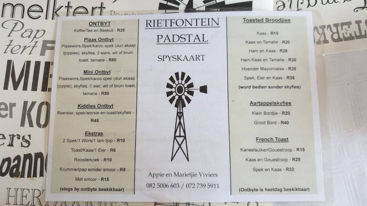 Menu at Rietfontein Padstal Leeu-Gamka restaurant, South Africa