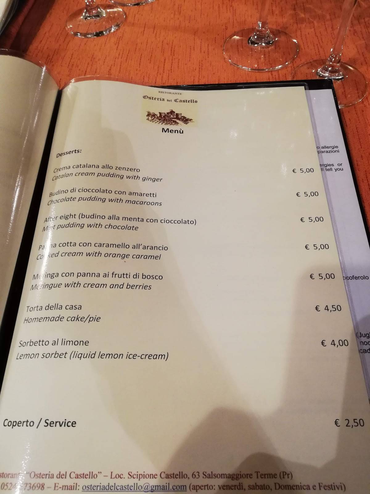 Menu da Ristorante Osteria Del Castello, Salsomaggiore Terme