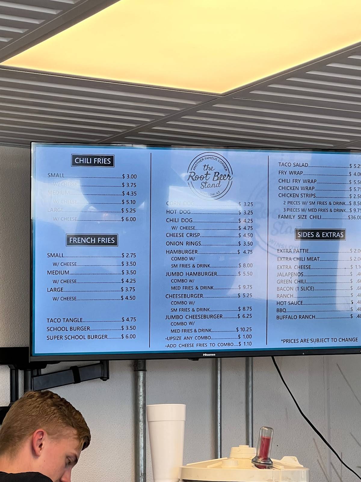 Menu at Root Beer Stand restaurant, Winslow
