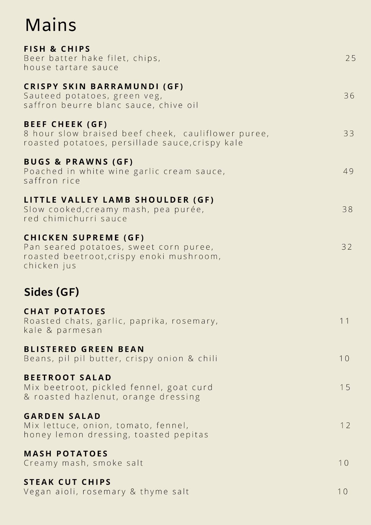 Menu at Sage Yellowfin restaurant, South Brisbane